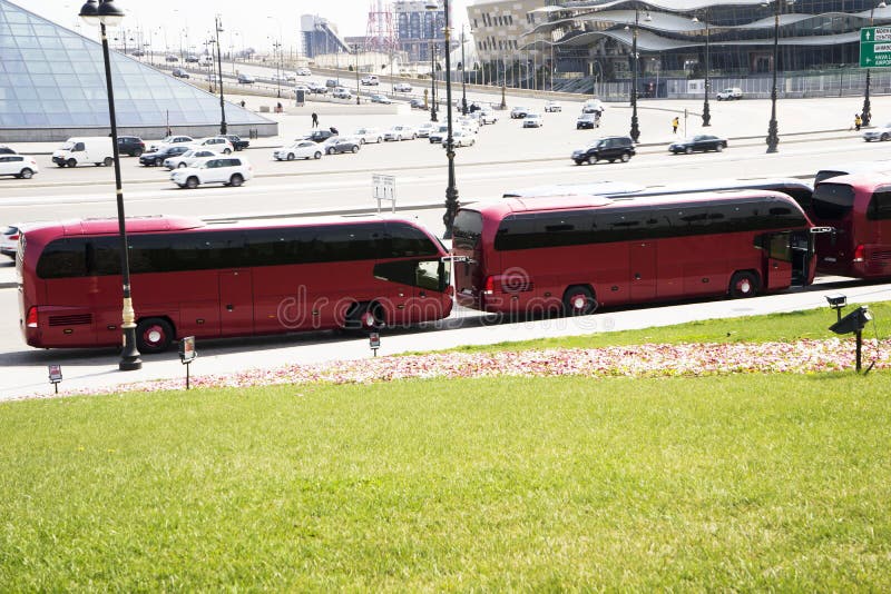 Red Buses are at the City Bus Stop Stock Photo - Image of azerbaijan ...