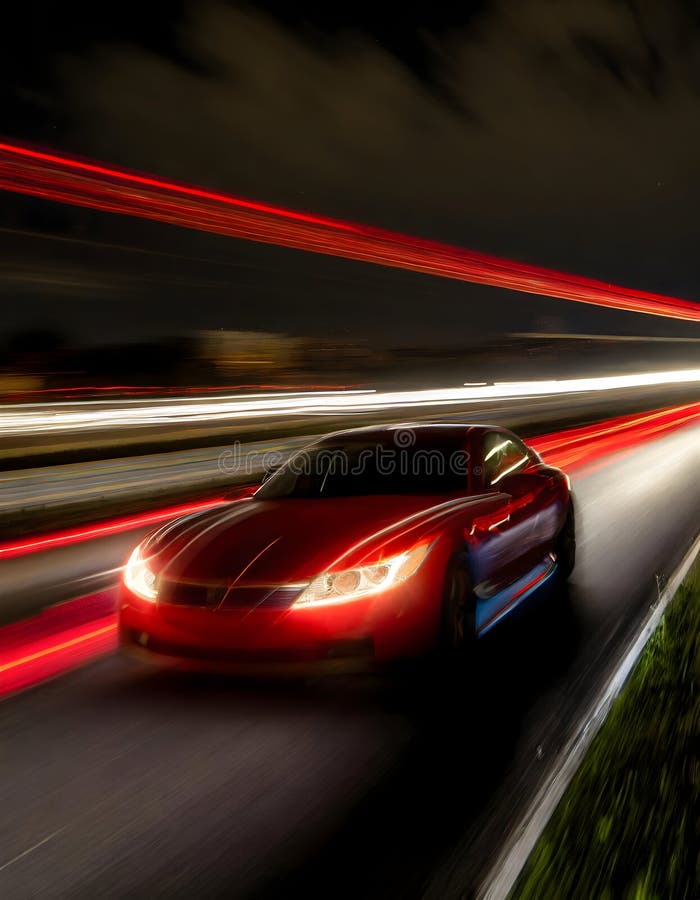 Red Business Car on High Speed in Turn and High-speed Highway with ...