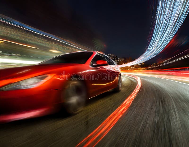 Red Business Car on High Speed in Turn and High-speed Highway with ...