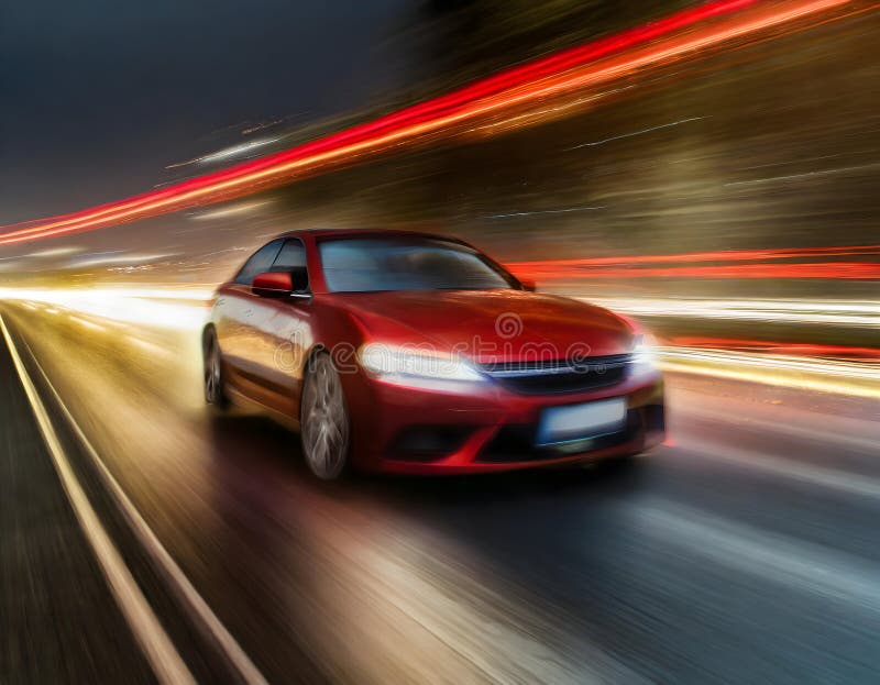 Red Business Car on High Speed in Turn and High-speed Highway with ...