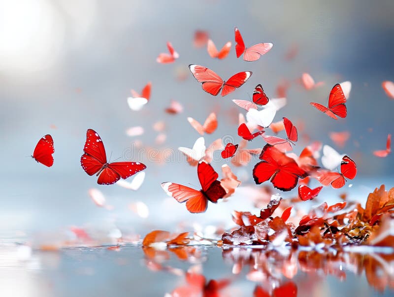 Red Butterflies Flying Over Water Surface with White Flowers on Sunny ...
