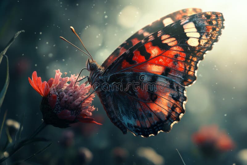 Red Butterfly Feeding on a Pink Flower in a Magic Forest during Golden ...