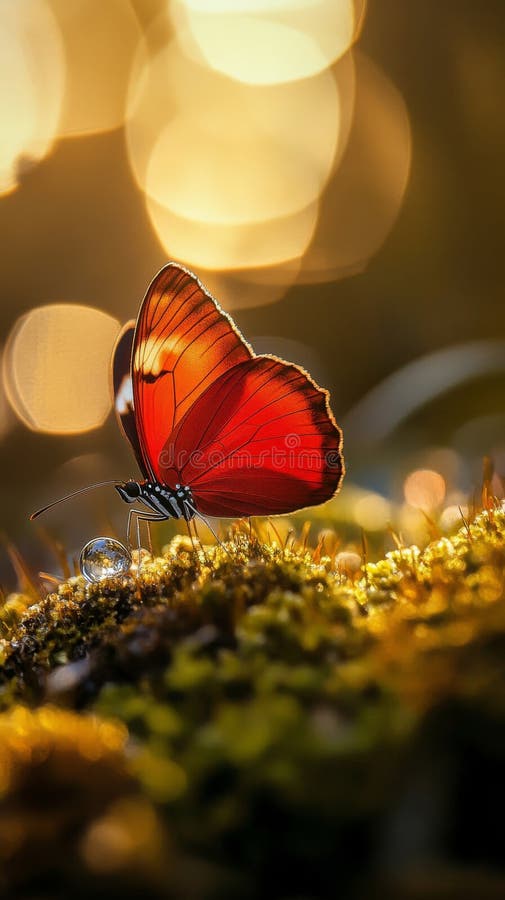 Red Butterfly on Moss with Water Droplet at Sunset, Nature Tranquility ...