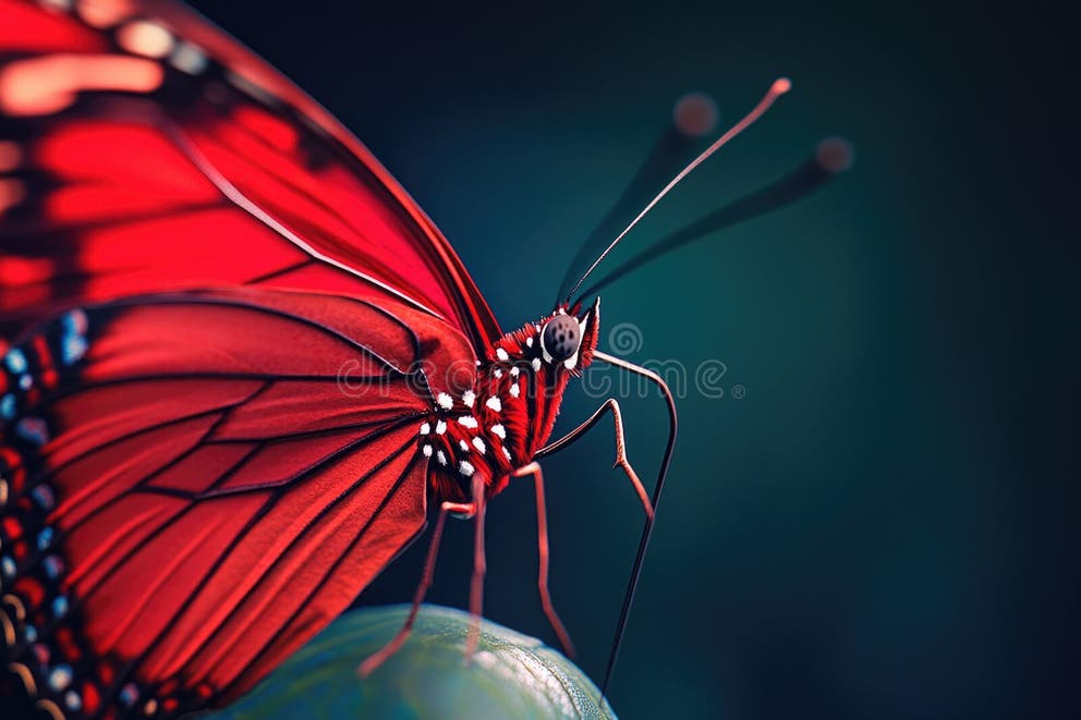 A Red Butterfly Perches on the Edge of a Bright Green Leaf Stock Image - Image of garden ...