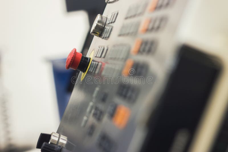 Red Button Control Panel Machine Processing Metal Industrial Background ...