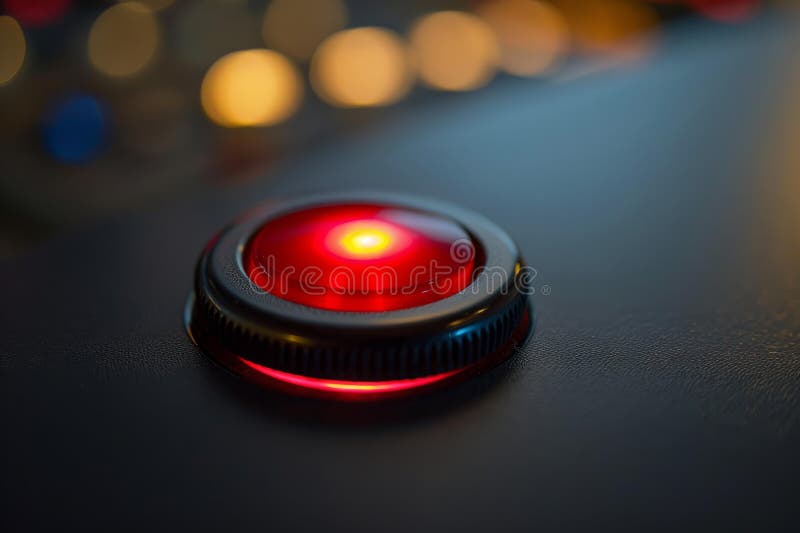 Red Button Glowing on a Control Panel with Lights in the Background ...