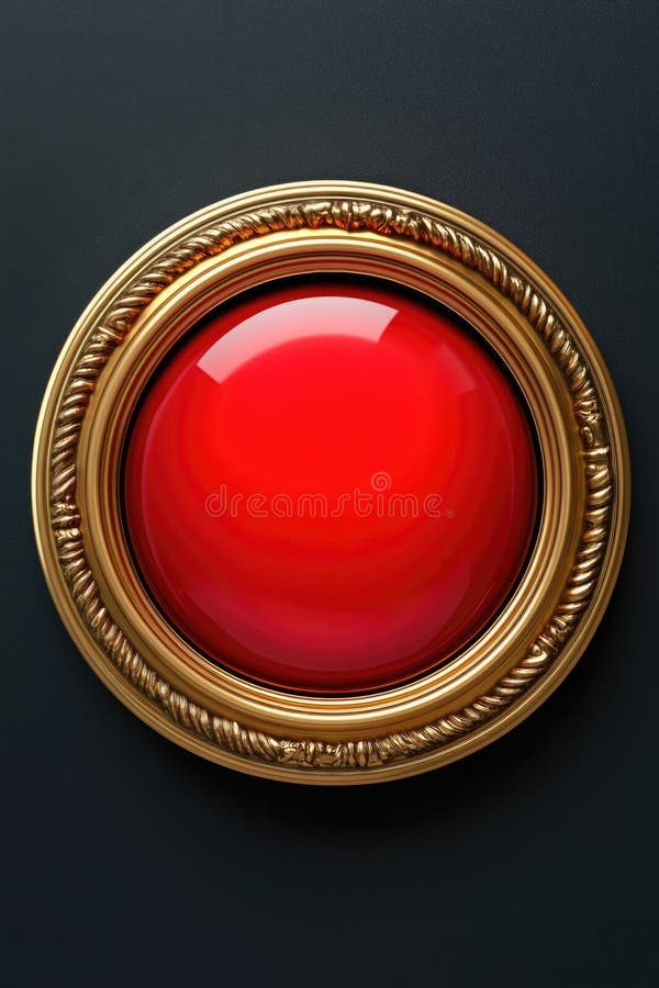 Red button in gold frame stock photo. Image of round - 377714832