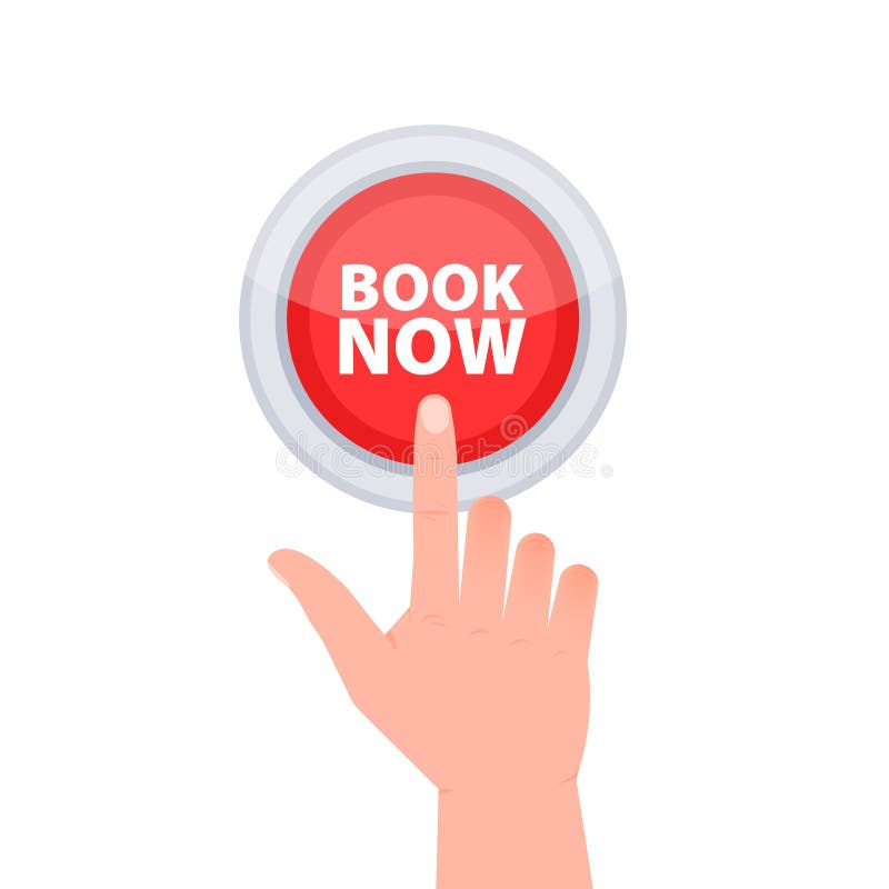 Red Button with Help Text Book Now. Hand Pressing Book Now Button Stock ...