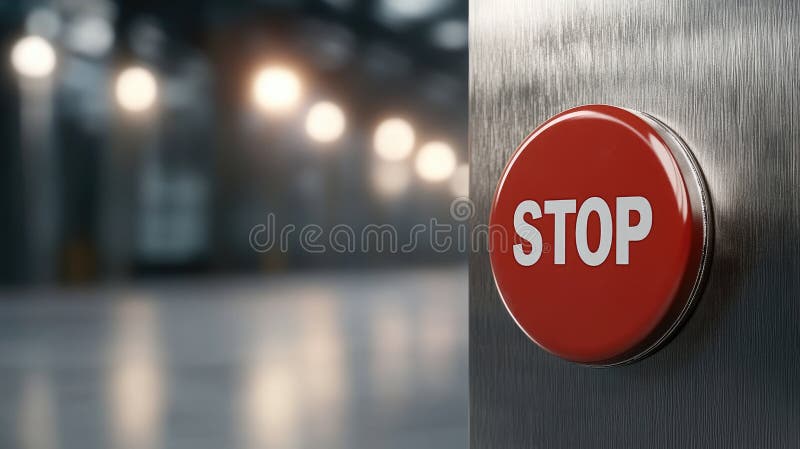 Red Button Marked As Stop on Stainless Steel Panel Indicates Safety ...