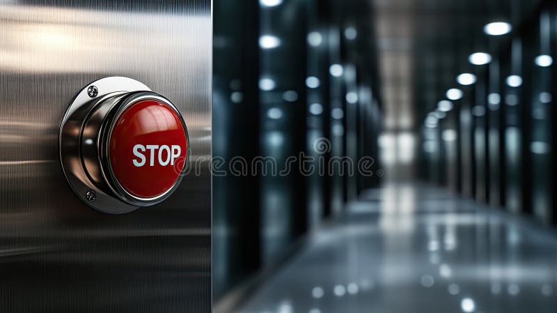 Red Button Marked As Stop on Stainless Steel Panel Indicates Safety ...