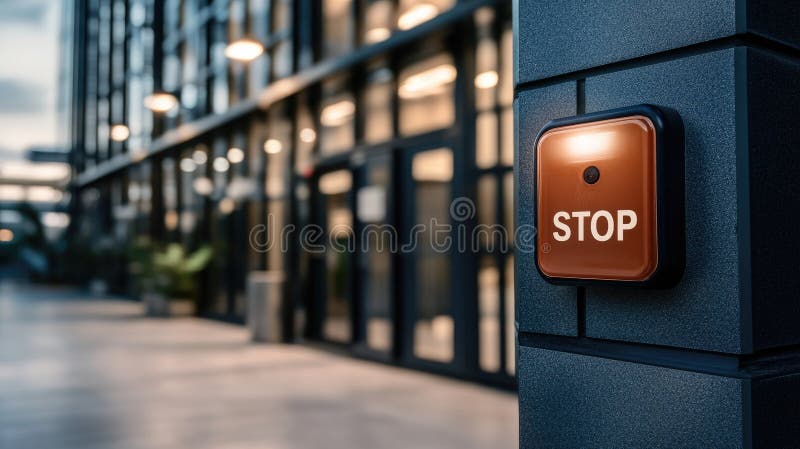 Red Button Marked As Stop on Stainless Steel Panel Indicates Safety ...