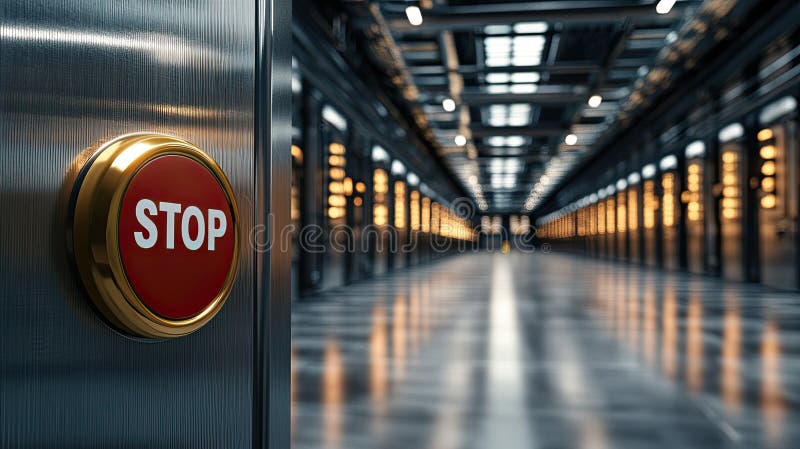 Red Button Marked As Stop on Stainless Steel Panel Indicates Safety ...