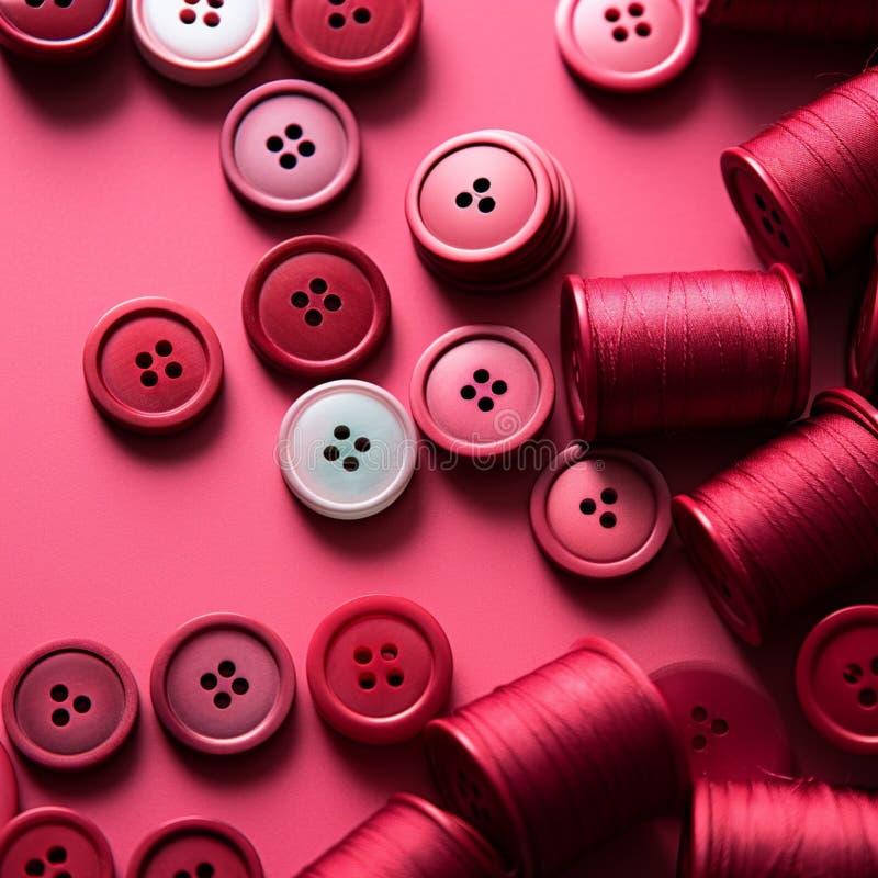 Red Buttons on Textured Surface, Sewing Essentials with Pink Backdrop ...