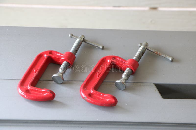 F Clamp with Red Handle on Table Saw Stock Image - Image of joiner ...