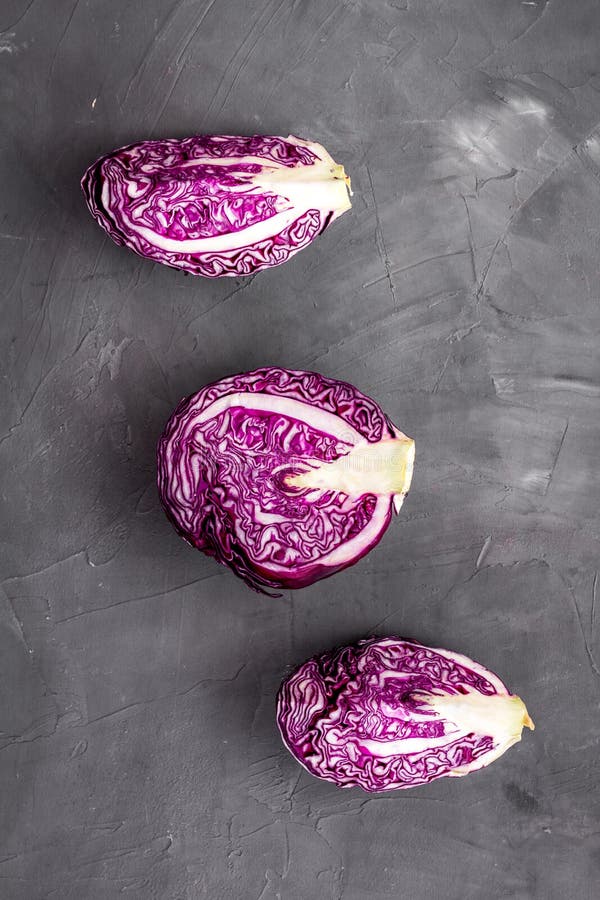 Red Cabbage on Grey Table Top Down Flat Lay Stock Photo - Image of ...