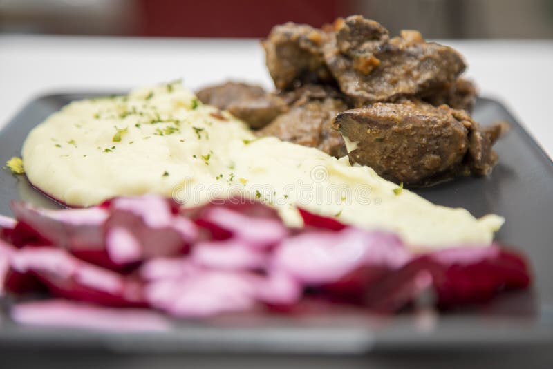 Red Cabbage Mashed Potatoes and Beef on a Plate Stock Image - Image of ...