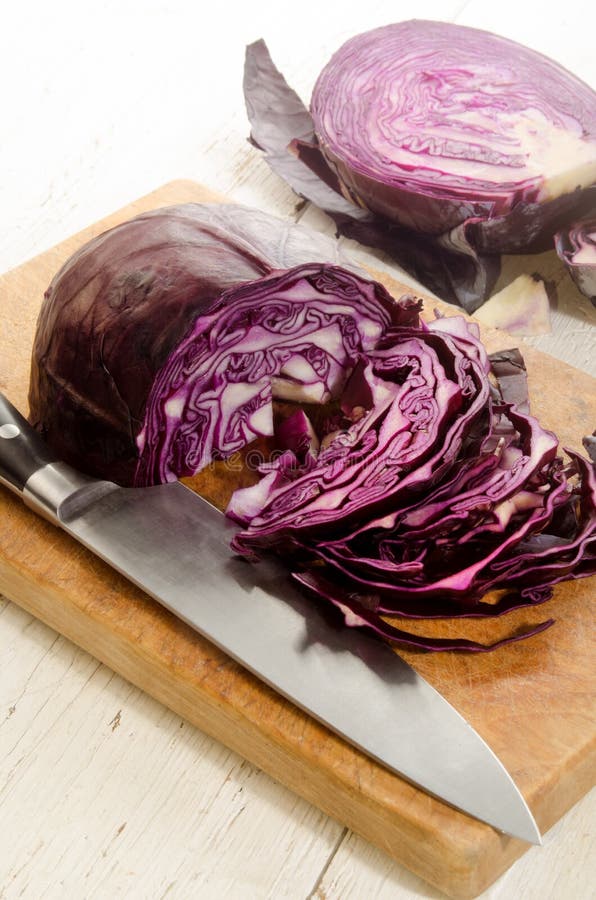 Red Cabbage Prepared and Sliced on a Wooden Board Stock Photo - Image ...