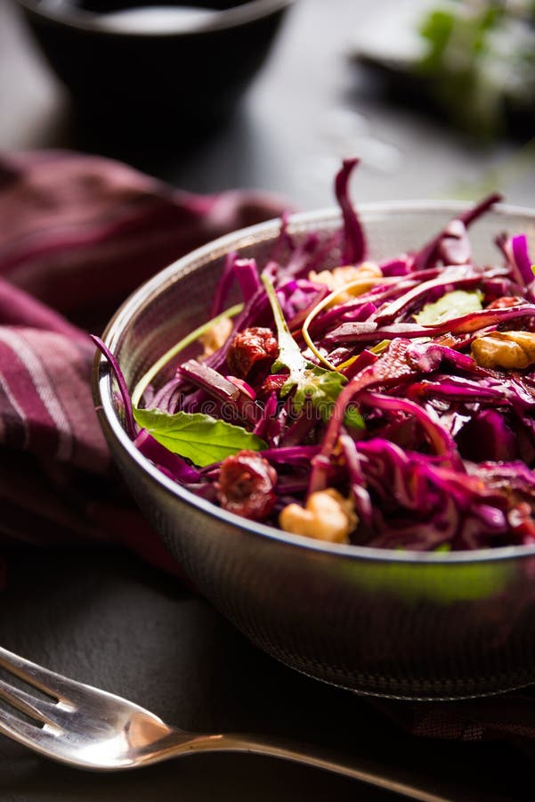 Red Cabbage Salad with Nuts and Arugola Stock Image - Image of ...