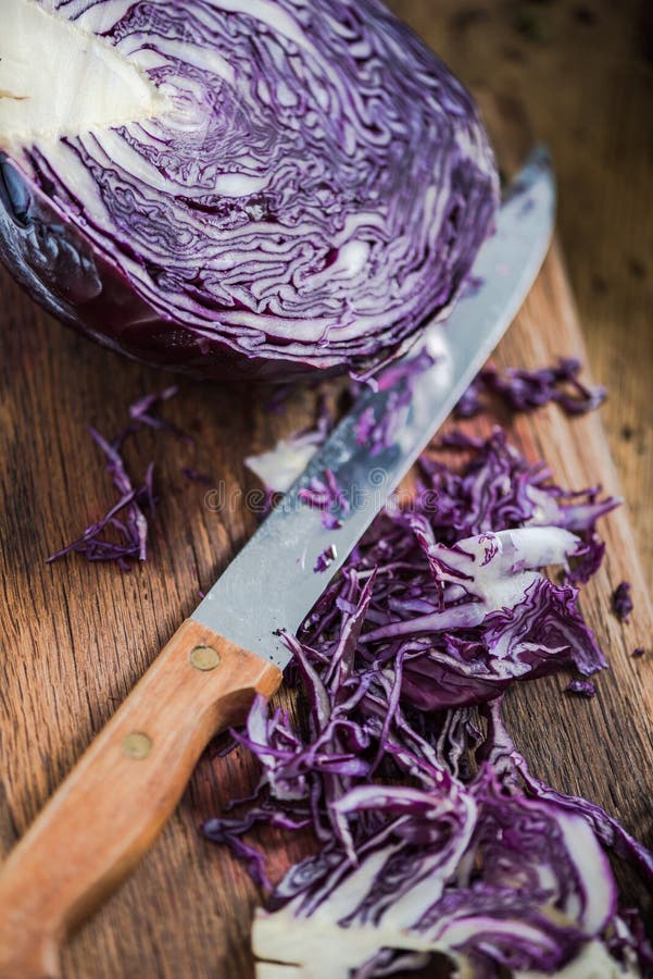 Red Cabbage Sliced on Farmhouse Table. Stock Image - Image of local ...