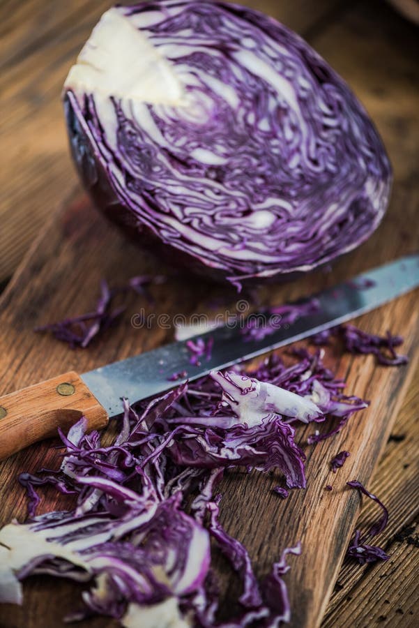 Red Cabbage Sliced on Farmhouse Table. Stock Image - Image of salad ...