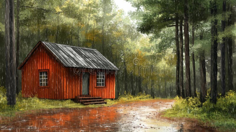 Red Cabin in a Rain-Soaked Forest Stock Illustration - Illustration of ...