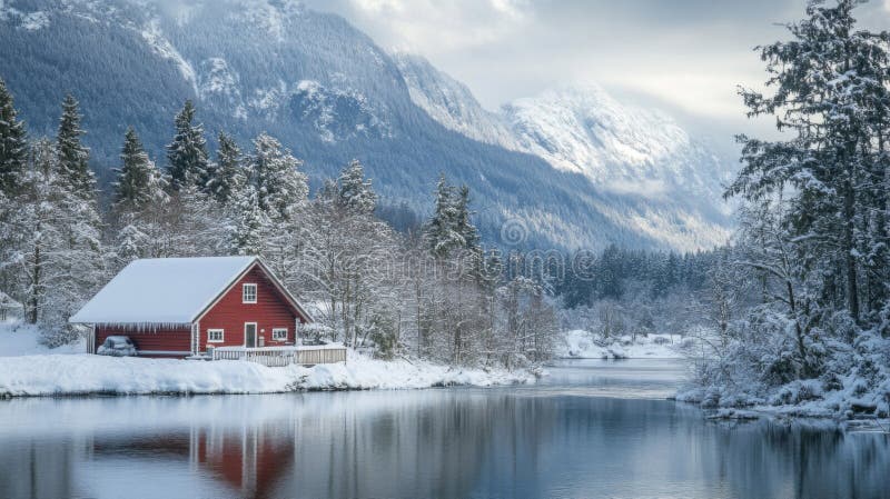 Red Cabin Winter Wonderland Mountain Scene Stock Illustration ...