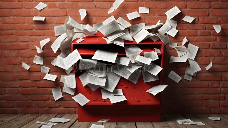 Red Cabinet Overflowing with Papers Flying in the Air Stock ...