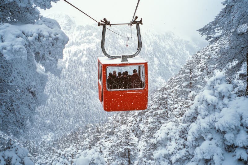 A Red Cable Car Carries People through Snowy Terrain Stock Image ...
