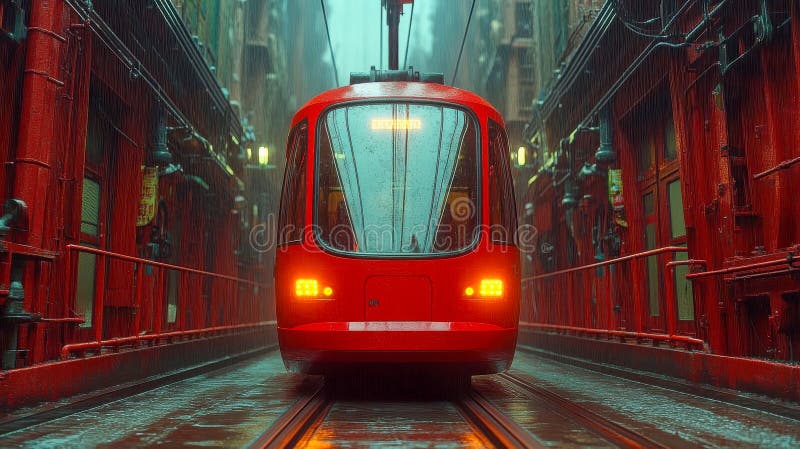 A Red Cable Car in a Futuristic Urban Environment during Rain Stock ...