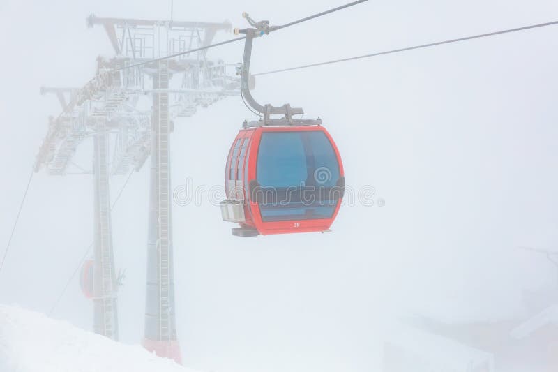 Red Cable Car in Misty Winter Mountain Landscape Stock Image - Image of ...