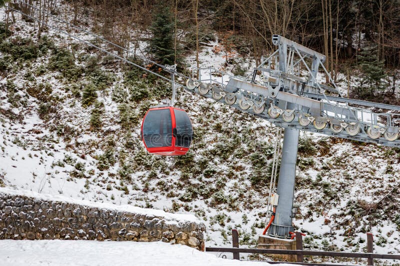 Red Cable Car Snowy Mountain Landscape Forest Backdrop Stock Photos ...