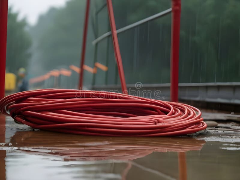 Red Cable at a Construction Site during a Rain Stock Illustration ...