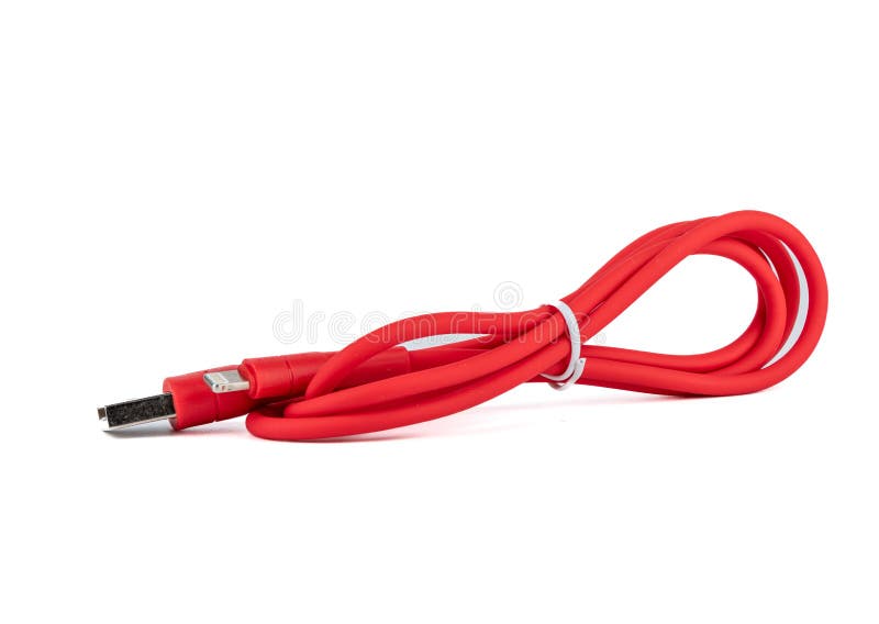 Red Cable with USB and Mini-USB Connectors on a White Background. Stock ...
