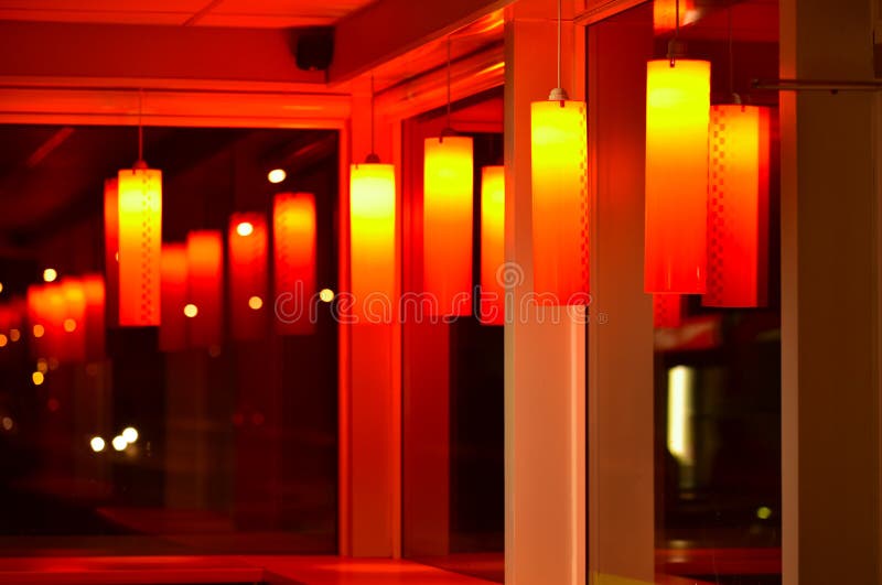 Red Cafe Interior Night Scene Stock Image - Image of display, indoor ...