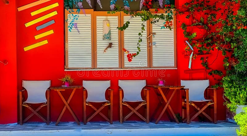 Red Cafe Table and Windows in Summer Holidays in Greece Stock Image ...