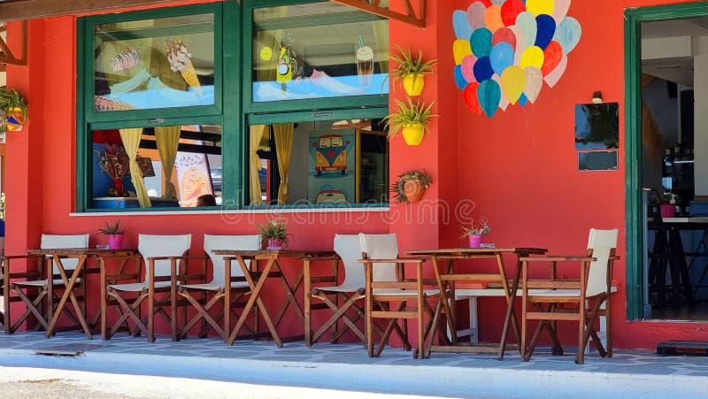 Red Cafe Table and Windows in Summer Holidays in Greece Stock Photo ...