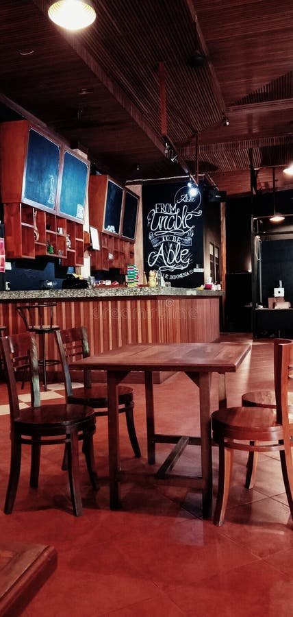 Red cafe on wooden sheet stock photo. Image of stage - 223299662