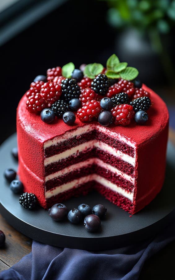 A Red Cake with Blackberries and Blueberries on Top Stock Photo - Image ...