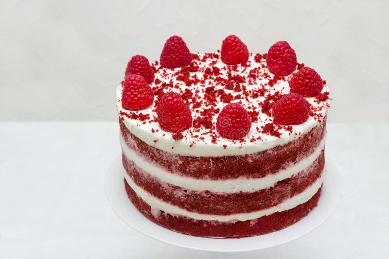Red Cake with Raspberries, White Cream and Red Jelly. Birthday Cake ...