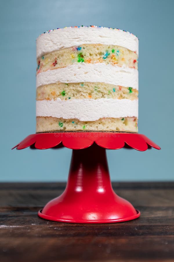 Red Cake Stand and Funfetti Cake on Blue Background Stock Photo - Image ...