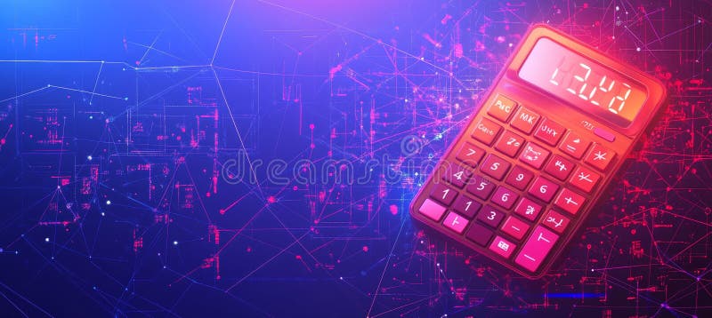 Red Calculator on Blue and Purple Background with Network Connection ...