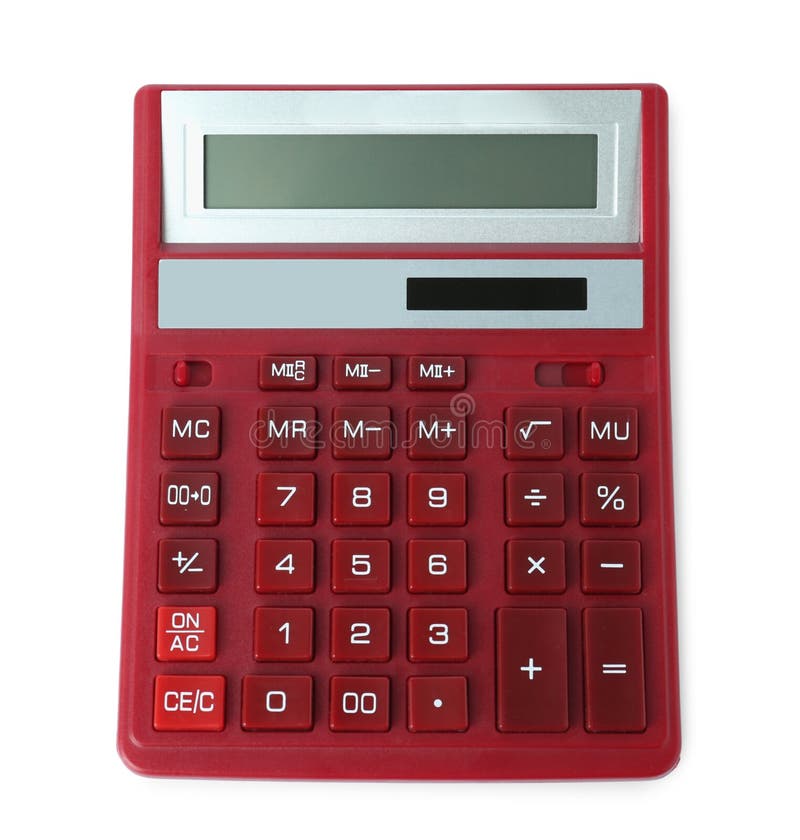 Red Calculator on White Background, Top View Stock Image - Image of ...