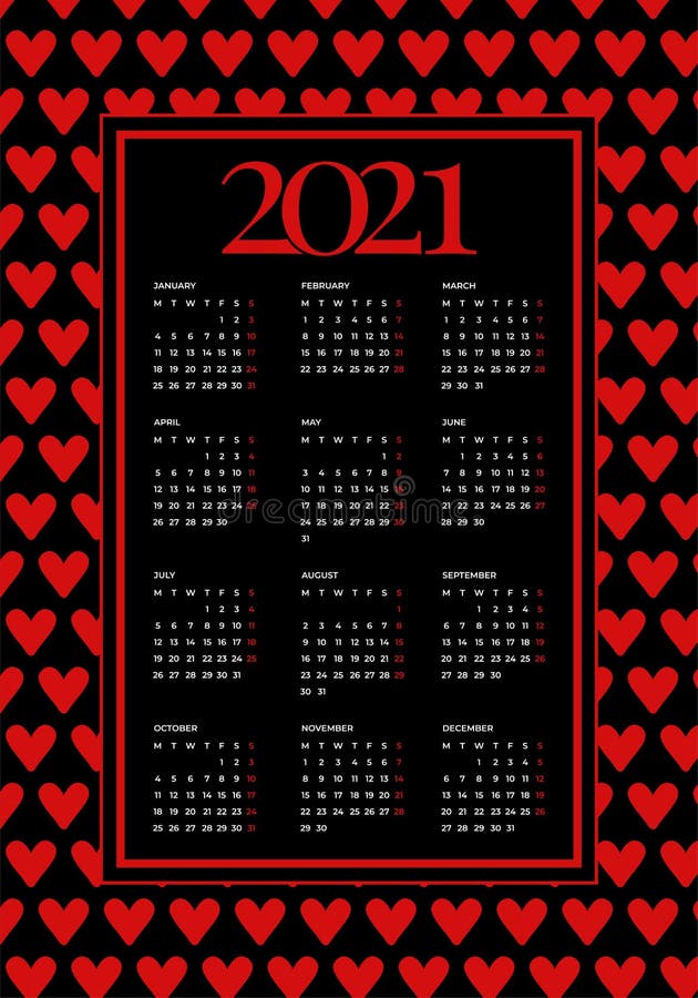 Red 2021 Calendar with Hearts Stock Vector - Illustration of sheet ...