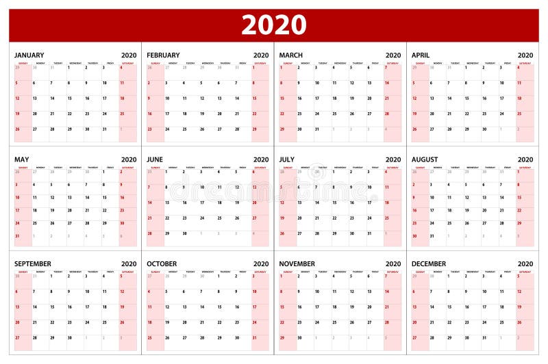 Red Calendar 2020 Vector Basic Grid. Simple Design Template Stock ...