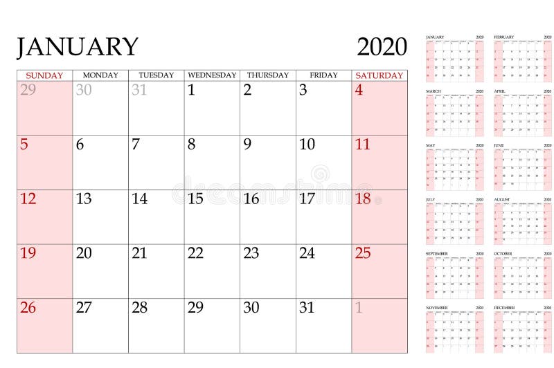 Red Calendar 2020 Vector Basic Grid. Simple Design Template Stock ...
