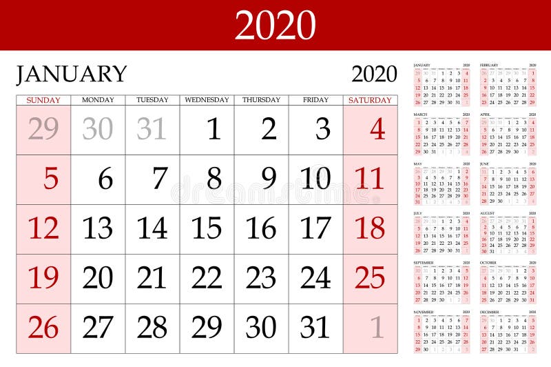 Red Calendar 2020 Vector Basic Grid. Simple Design Template Stock ...