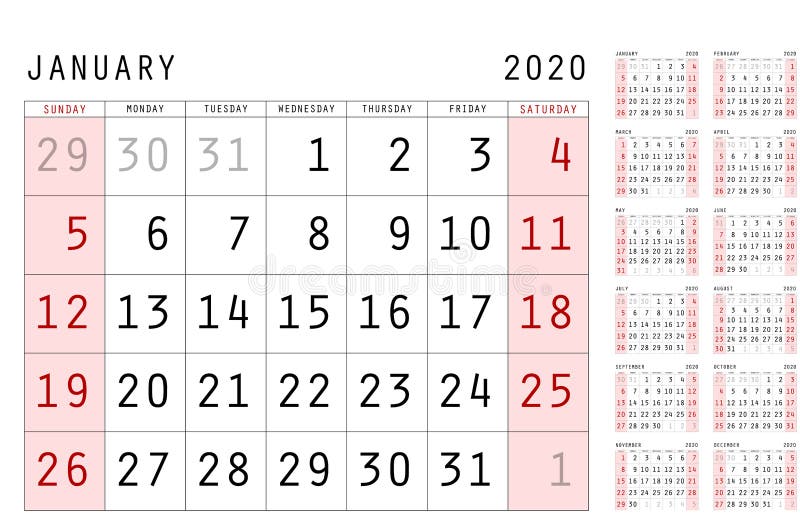 Red Calendar 2020 Vector Basic Grid. Simple Design Template. Vector ...
