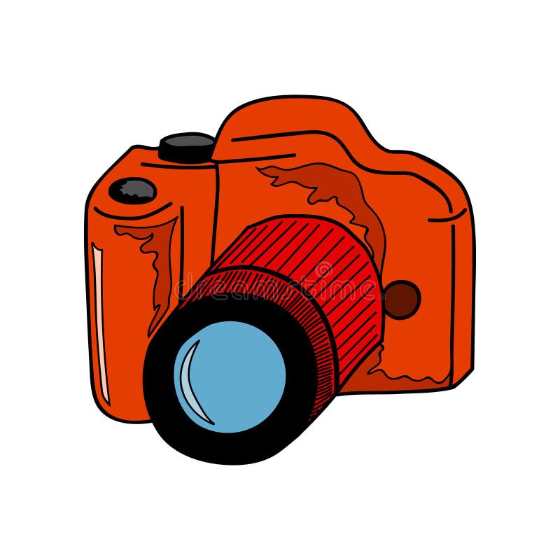 Red Camera. Cartoon Style. Hand Drawing. Vector Illustration. Logo ...