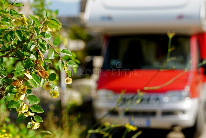 A Red Camper Parked in the Nature Stock Image - Image of vacation ...