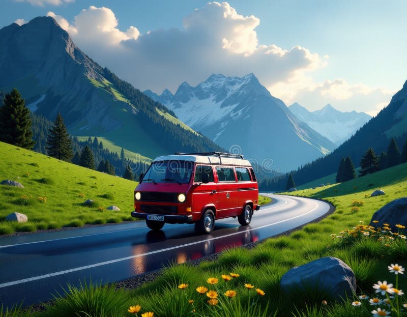 Red Camper Van Driving on Scenic Mountain Road Stock Illustration ...